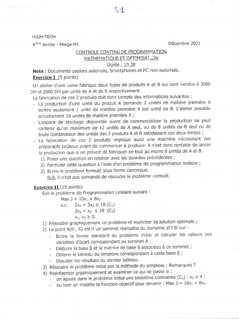CONTRÔLE CONTINU DE PROGRAMMATION MATHÉMATIQUE ET OMTIMISATION 4ème Année - MIAGE M1 GI S1 (21 ...
