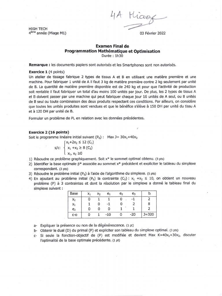 EXAMEN FINAL DE PROGRAMMATION MATHÉMATIQUE ET OMTIMISATION 4ème Année ...
