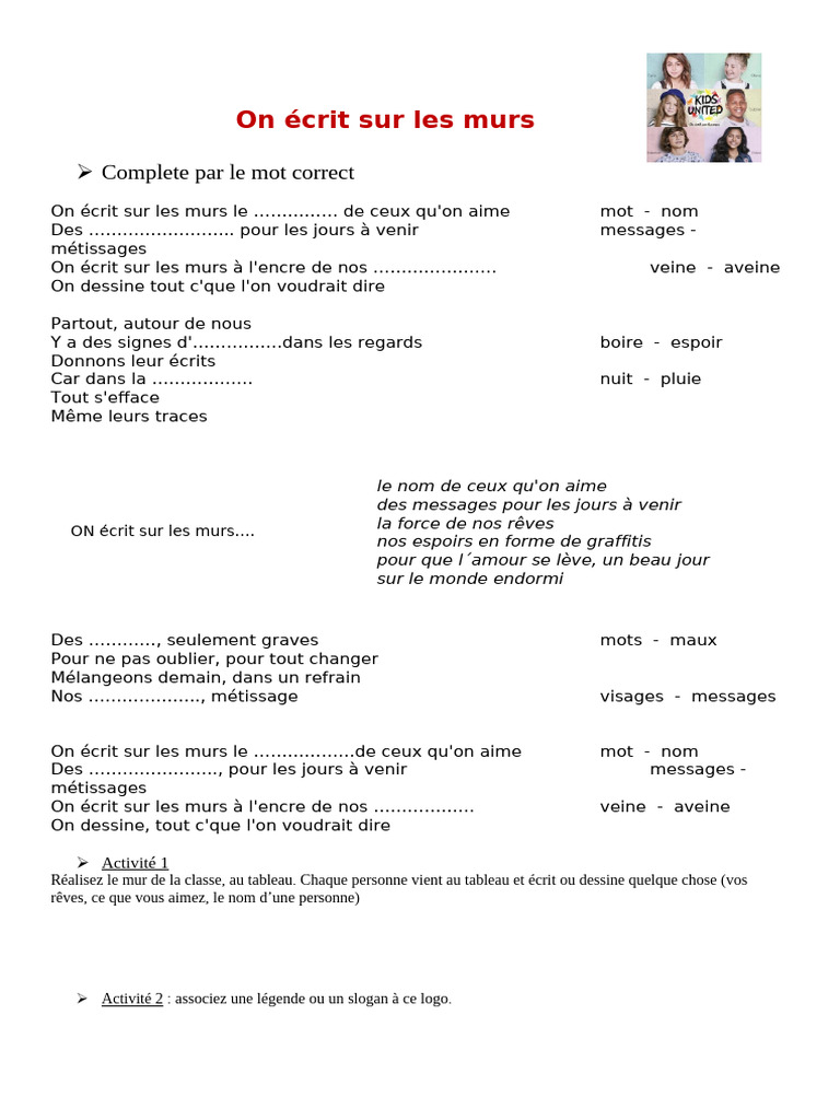 On Ecrit Sur Les Murs - Fiche | PDF