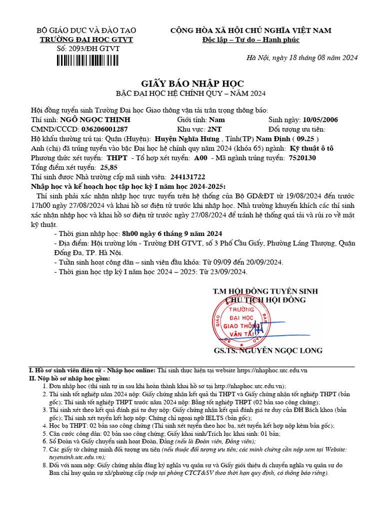 Giay Bao Nhap Hoc | PDF