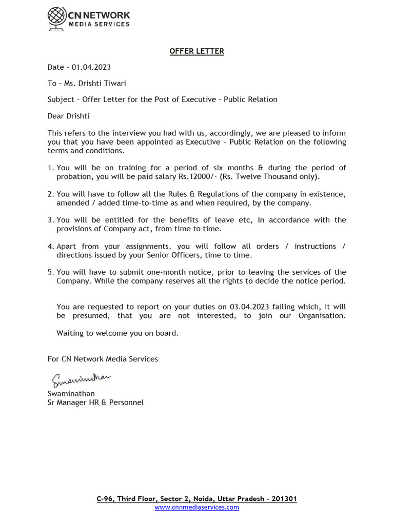 Offer Letter for Drishti Tiwari | PDF
