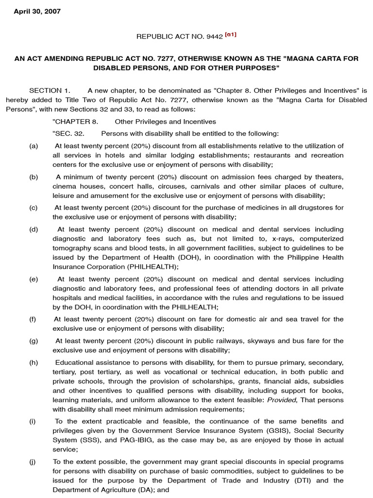 Republic Act No. 9442 - Amendment To R.A. No. 7277 (Magna Carta For ...
