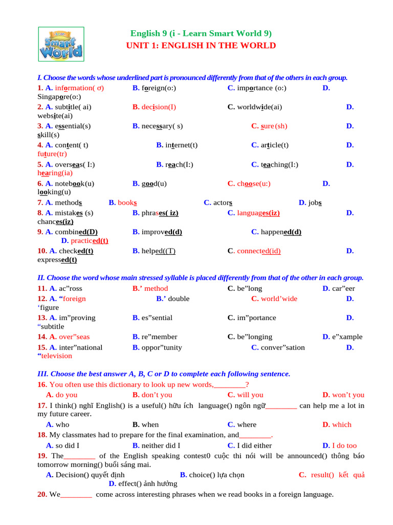 Bài tập bổ trợ I-learn Smart World 9 HK1 Unit 1(HS) | PDF