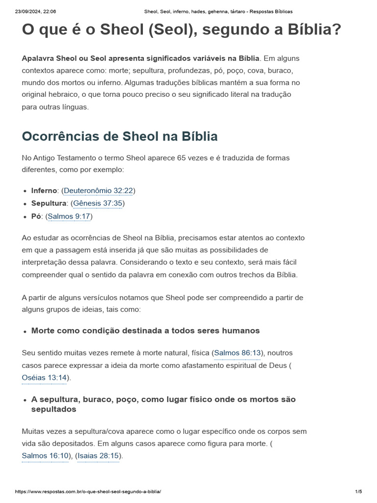 Sheol, Seol, Inferno, Hades, Gehenna, Tártaro - Respostas Bíblicas | PDF