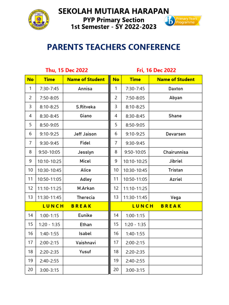 PTC Schedule Semester 1 Grade 1 Knowledgeable | PDF