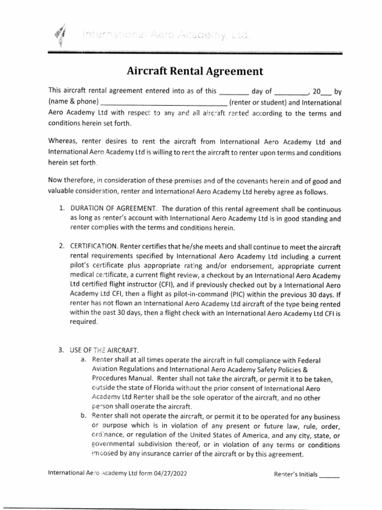 Updated Aircraft rental Agreement | PDF