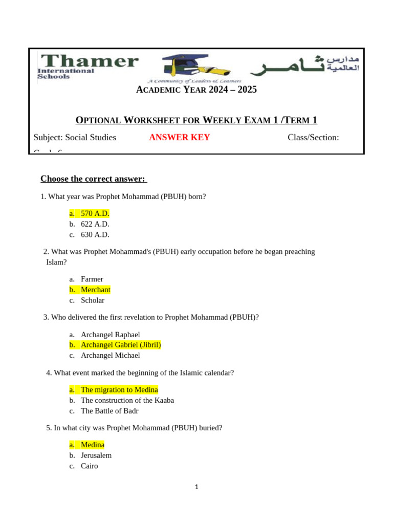 Answer Key g6 Social Weekly 1 Optional Worksheet | PDF