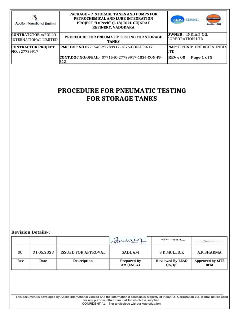 Pneumatic Testing Procedure for Tanks | PDF | Welding | Construction