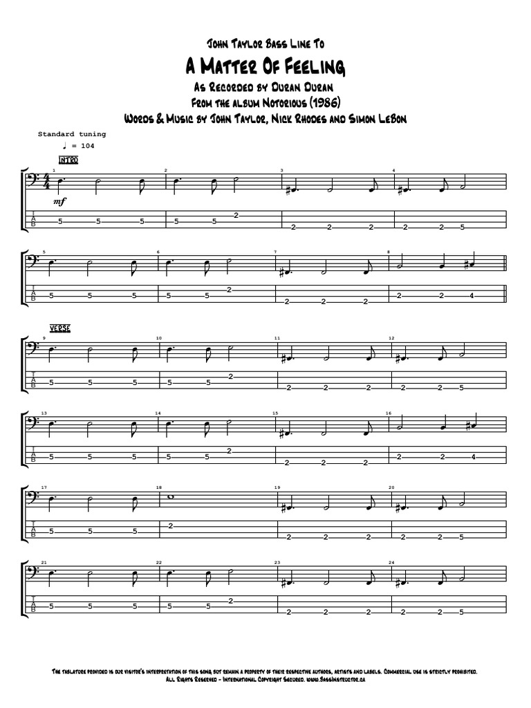 Duran Duran - A Matter of Feeling - Bass Tab 1986 | PDF