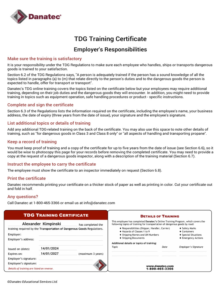 TDG Certificate | PDF