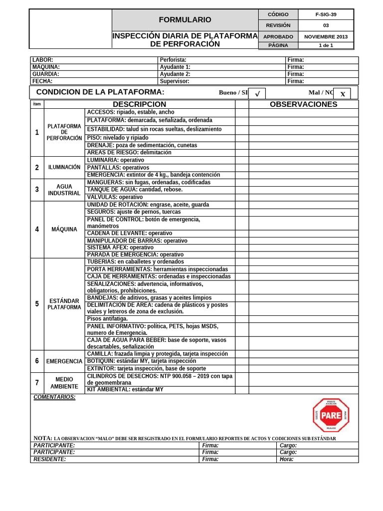 FORMULARIO INSPECCION DIARIA DE PLATAFORMA.rev 03 | PDF