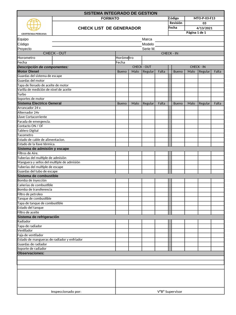 Mto-P-03-F13 Ckeck List Generador Ener Power. | PDF