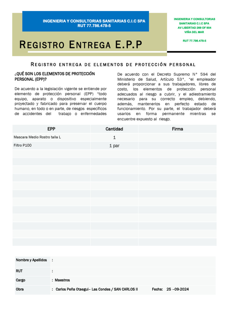 4. Registro de Entrega de EPP Las condes - P100 | PDF