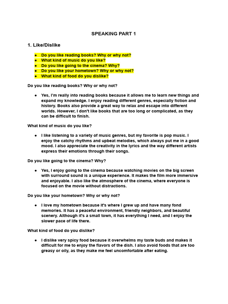 Speaking Part 1 Practice | PDF