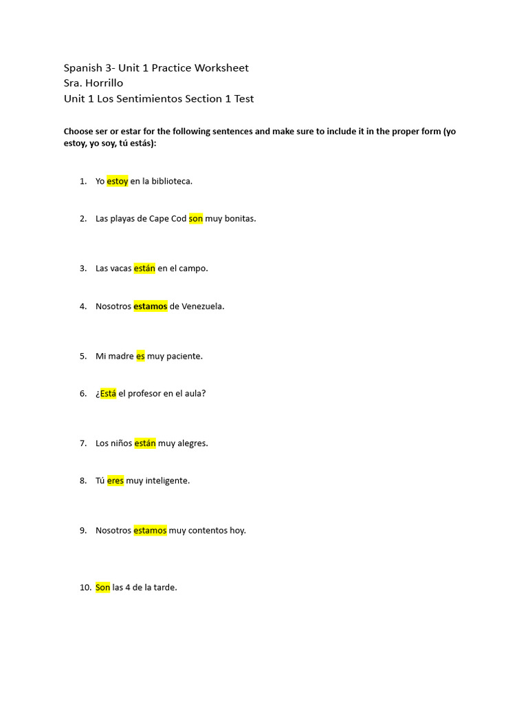 Spanish 3 Unit 1 Test-Los Sentimientos Section 1 | PDF
