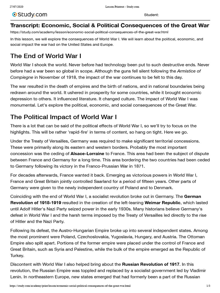 Economic Political and Social Impact of Ww1 | PDF