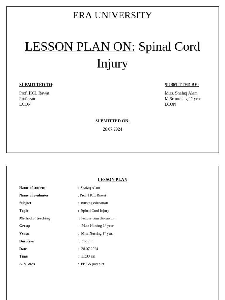Lesson Plan. Spinal Cord Injury | PDF