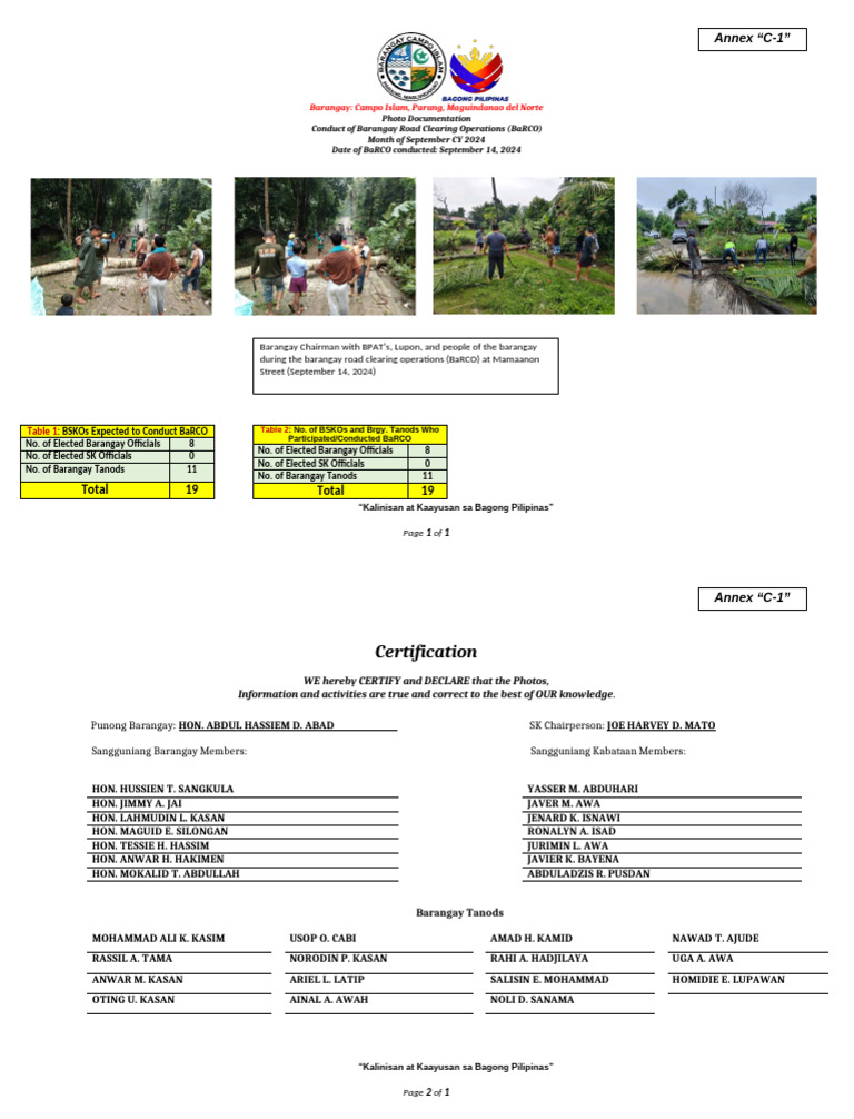 Annex C 1 - Photo Documentation - Barangay BaRCO Monthly Monitoring Report Template With BSKO ...