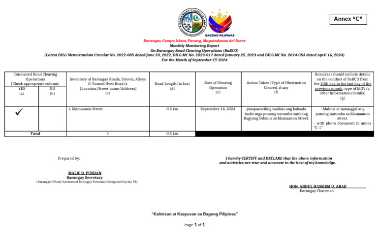 Annex C - Barangay BaRCO Monthly Monitoring Report Template With PBs ...