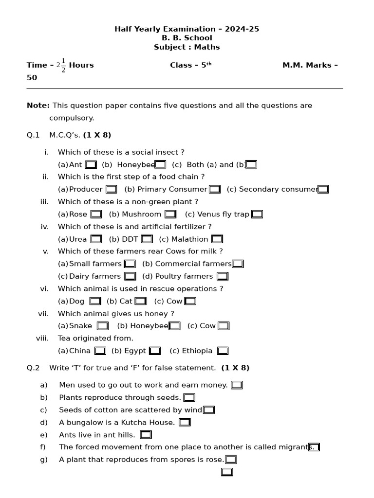 EVS 5th Class Question Paper | PDF