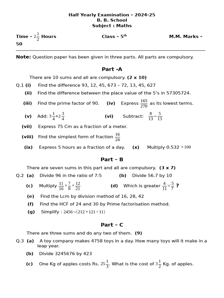 Maths 5th Class Question Paper | PDF
