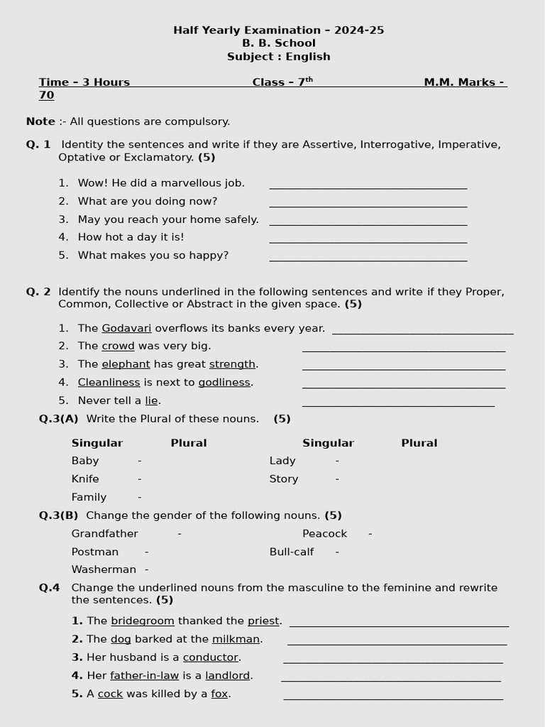 Question Paper English Class 7th | PDF