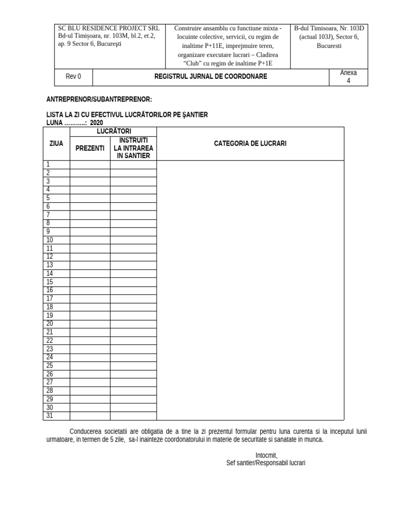 Anexa 4 - PREZENTA ZILNICA A LUCRATORILOR | PDF