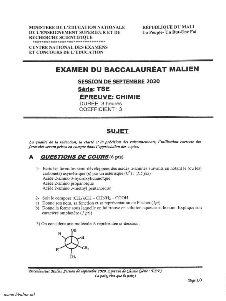 BAC TSE 2020 Chimie MALI | PDF