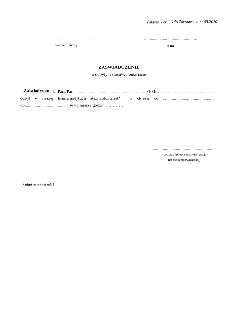 Zaswiadczenie o Odbytym Stazu Wolontriacie | PDF