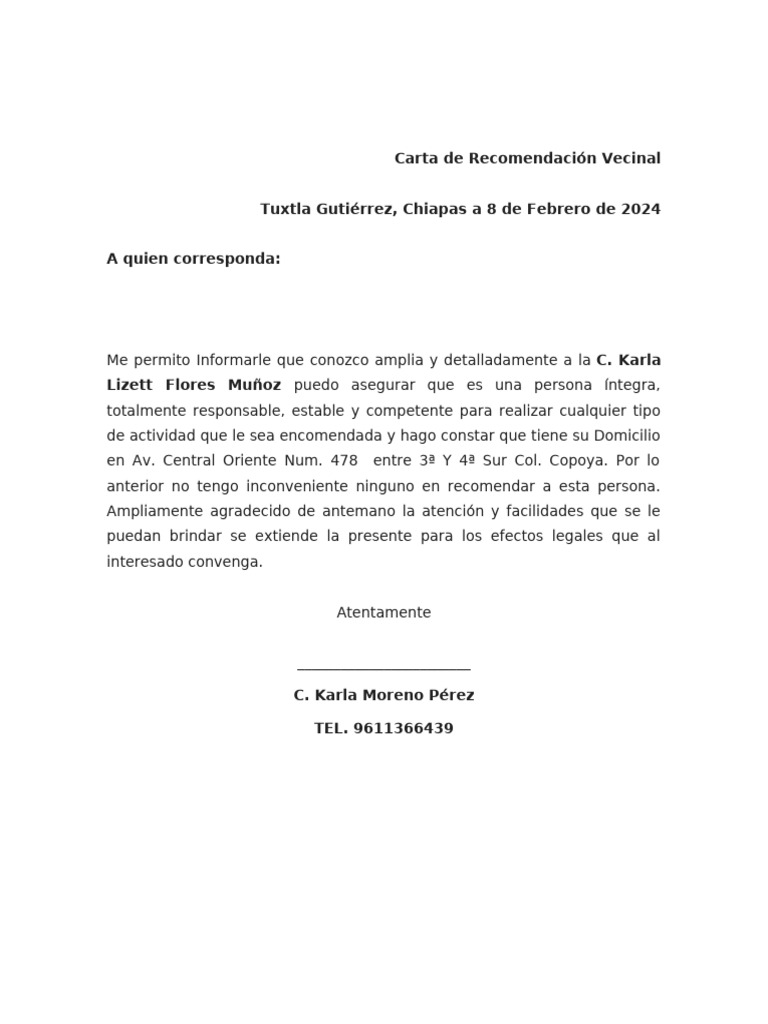 Carta de Recomendación Vecinal | PDF