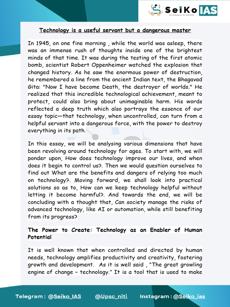 Technology Is A Useful Servant But A Dangerous Master @upsc Niti | PDF