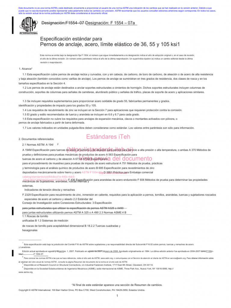 ASTM F 1554-07a Traducido | PDF | Tornillo | Acero