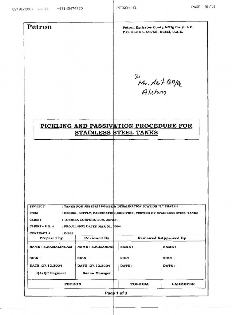 Pickling and Passivation Procedure For Stainless Steel Tanks | PDF