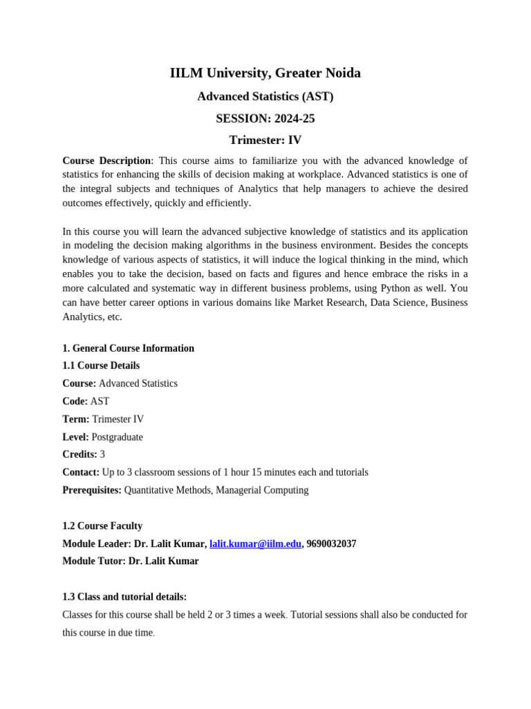 Module of Advanced Statistics Term IV (Batch 2023-25) | PDF