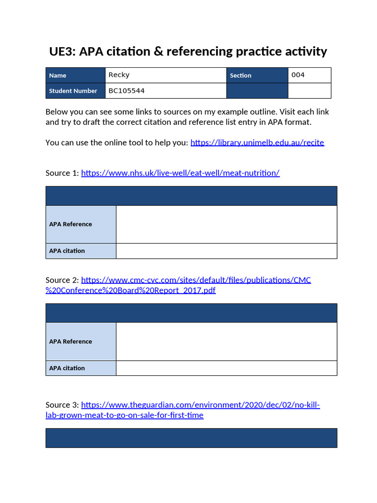 APA citation and referencing - practice activity | PDF