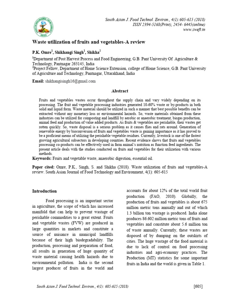Waste Utilization of Fruits and Vegetabl | PDF