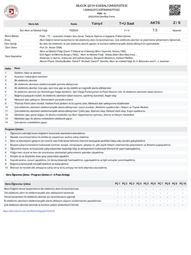 Yarıyıl T+U Saat Akts Z / S: Birim Bölüm Fizik - YL | PDF
