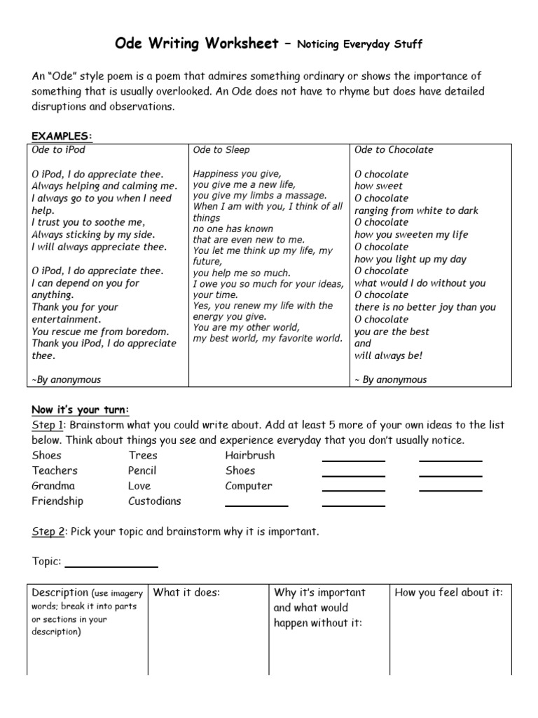 Ode Writing Worksheet - : Noticing Everyday Stuff | PDF
