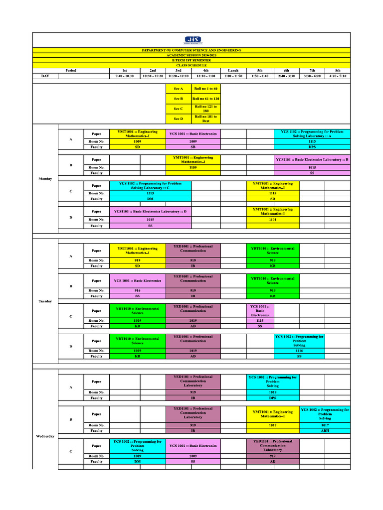 B.Tech 1st Sem - Time Table Odd Sem 2024-2025 | PDF