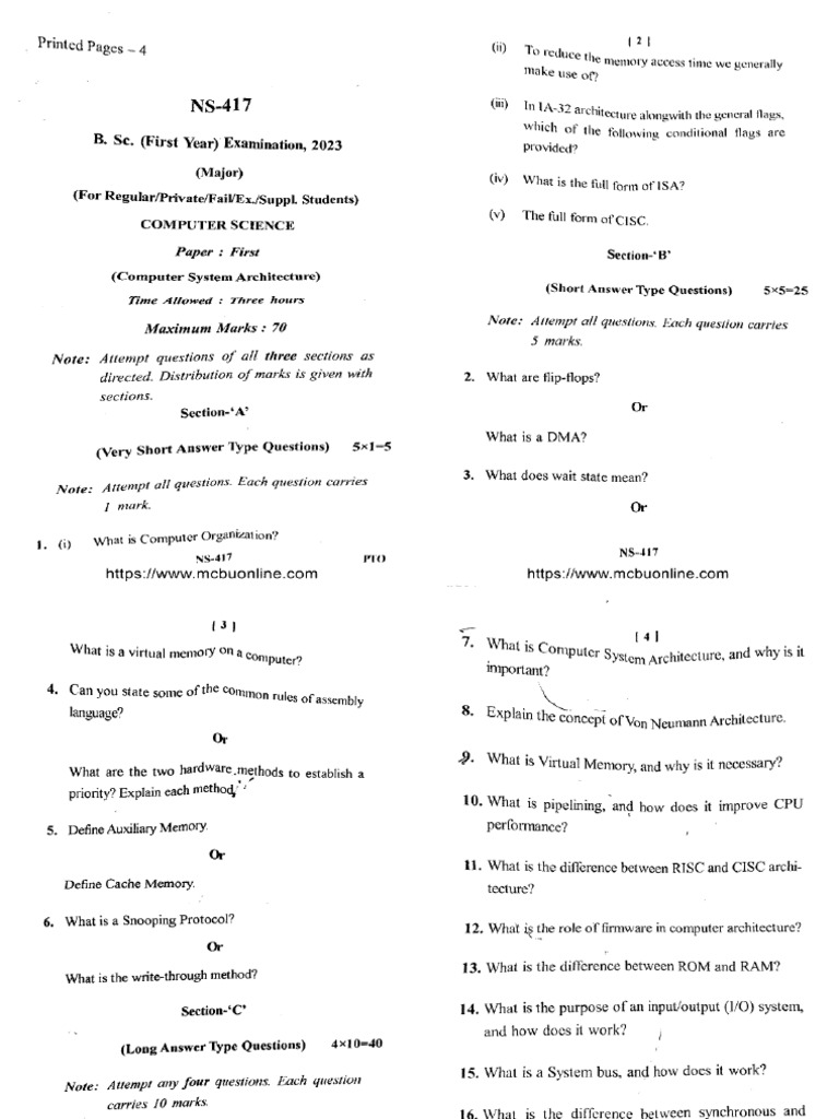 Bsc 1 Year Computer Science P1 Computer System Architecture Ns 417 2023 Pdf