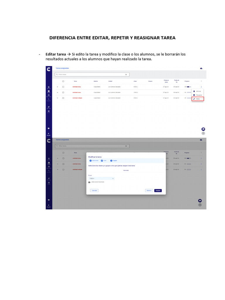 Explicación Repetir, Reasiganar y Editar Tarea | PDF