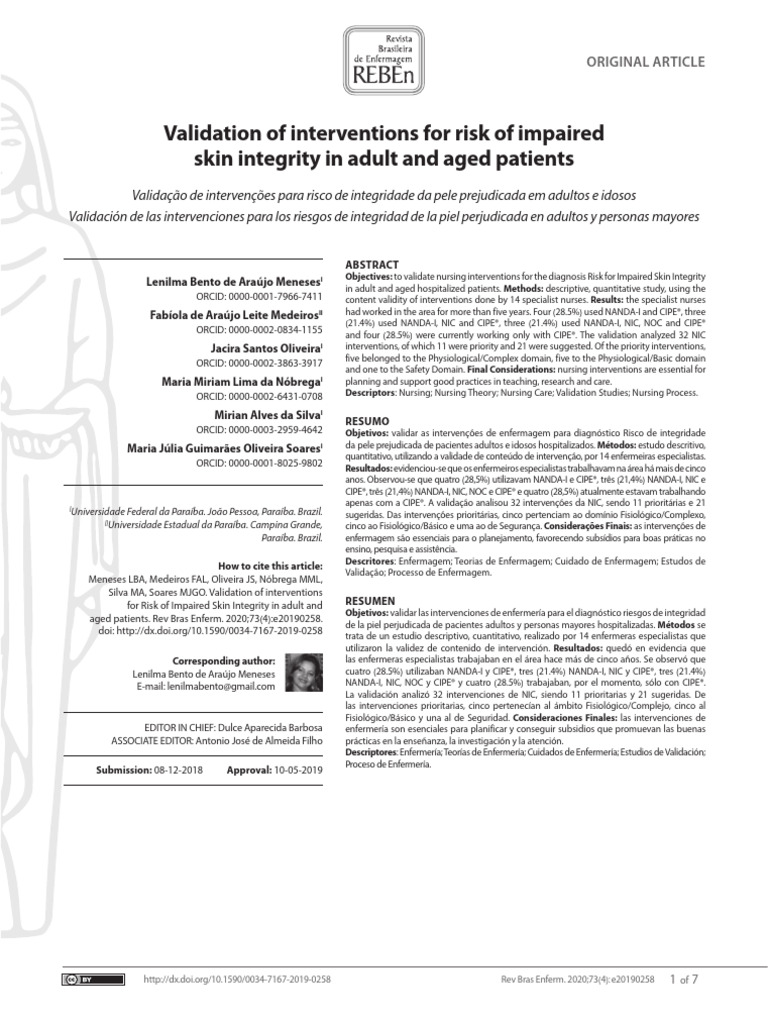 Validation of interventions for risk of impaired skin integrity in ...
