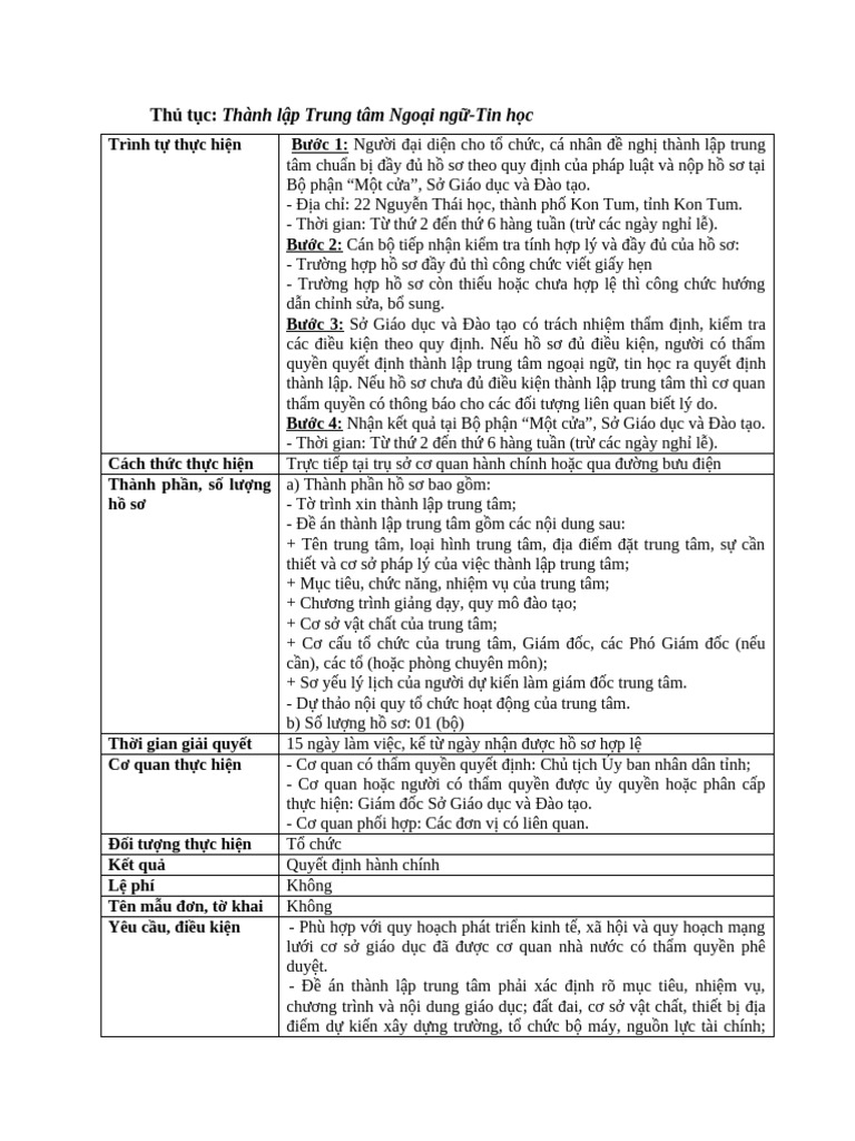 Thủ tục:: Thành lập Trung tâm Ngoại ngữ-Tin học | PDF