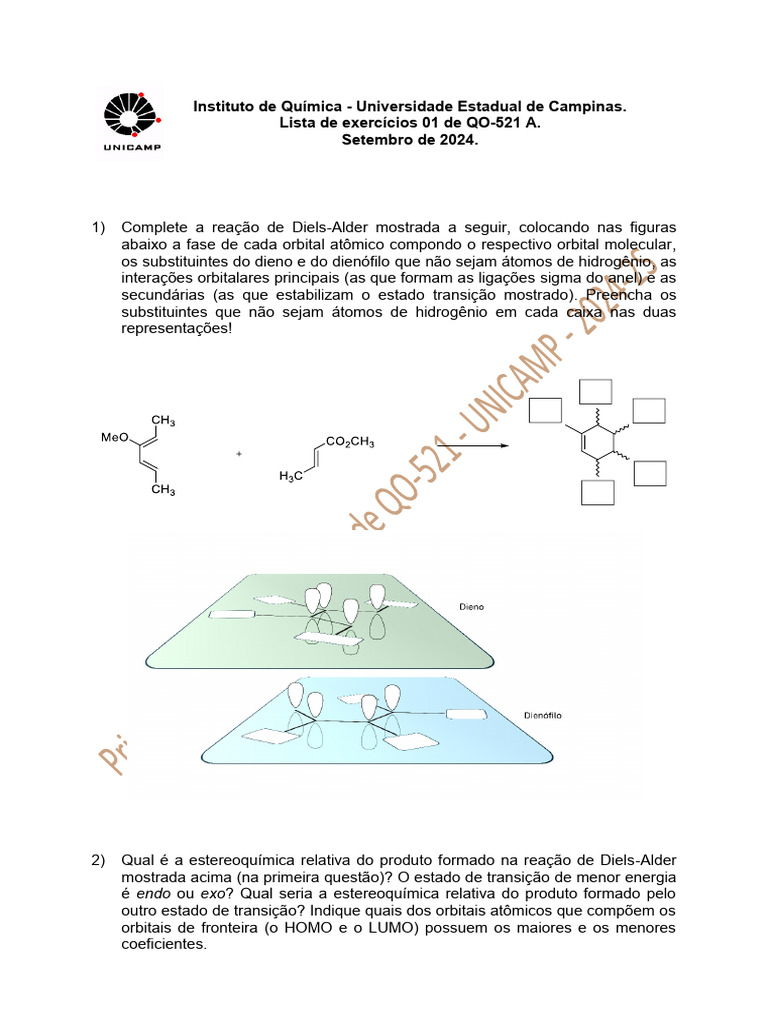 Lista de Execícios 01 - QO521 - 2024 S2 | PDF