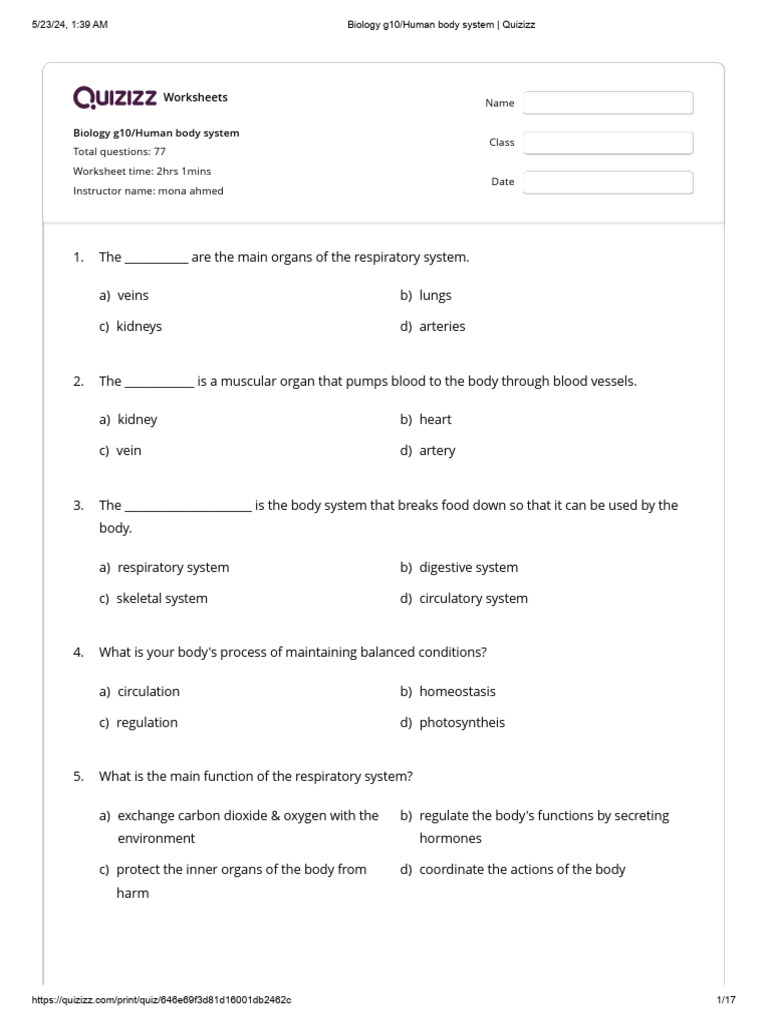 Biology g10 - Human Body System - Quizizz | PDF
