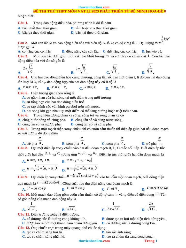 De Thi Thu TN 2023 Vat Li Phat Trien Tu de Tham Khao de 8 | PDF