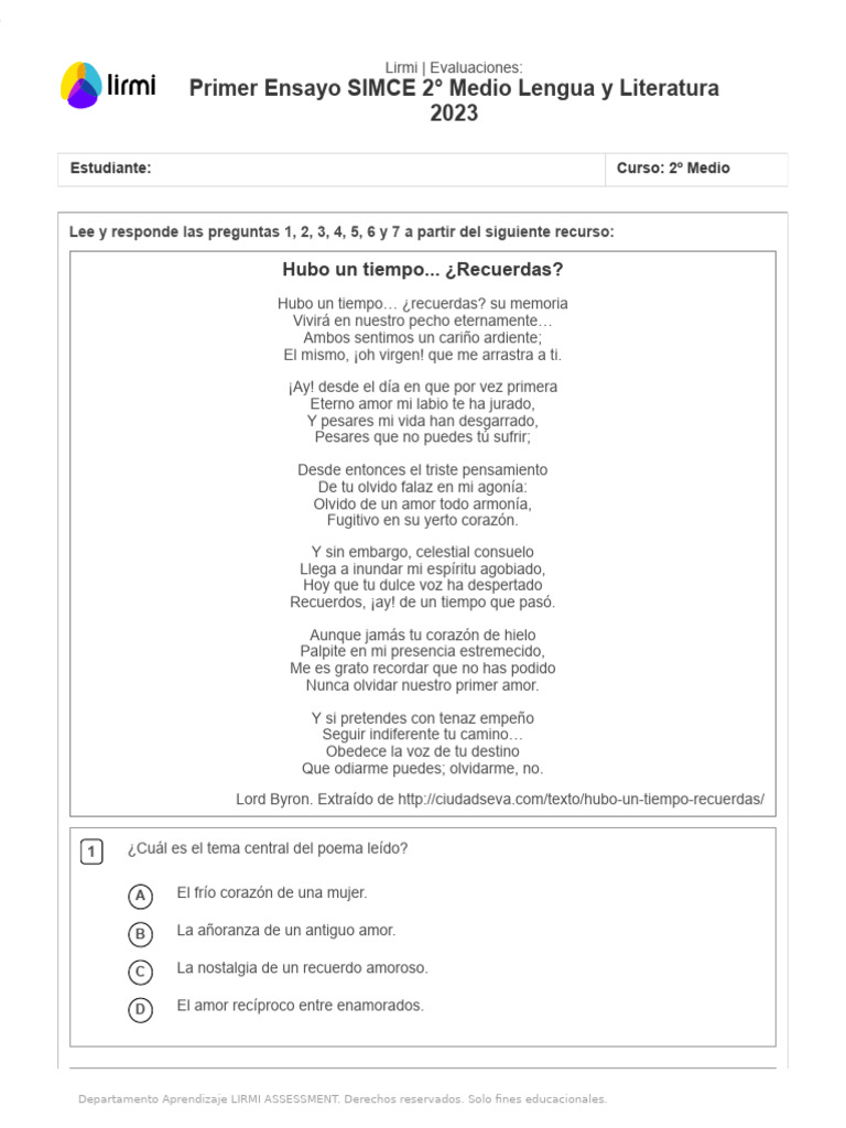 Primer Ensayo Simce 2 Medio Lengua y Literatura 2023 5420160 | PDF | OTELO | Amor