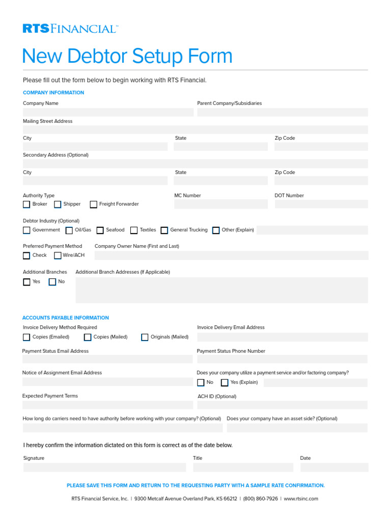 RTS Financial - New Debtor Setup | PDF