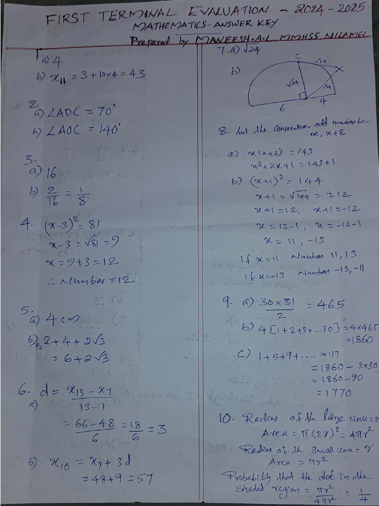 First Term Evaluation 2024-25 Mathematics Answer Key by Maneesh Sir 1 | PDF