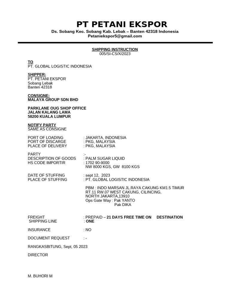 SHIPPING INSTRUCTION Draft | PDF